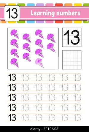 Vector handwriting practice worksheet with jellyfish and dashed line in ...