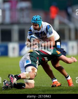 Leicester Tigers George Martin tackles Saracens Ben Earl during the ...