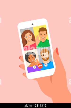 group of people talking in videocall conference, social distancing ...