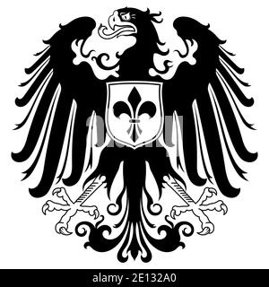 Eagle heraldic symbol. Black eagle, falcon or hawk bird with ...