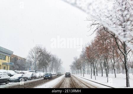 Kyiv, Ukraine, December 23, 2020, a crossroads in the city during heavy ...