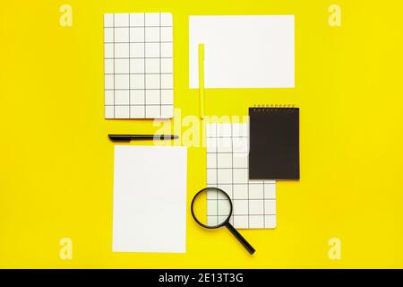 Composition with blank paper sheets and stationary on grunge background ...