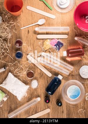 Shaving accessories on a wooden texture background. Tools. Disposable ...