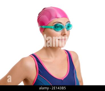 Female swimmer on white background Stock Photo - Alamy
