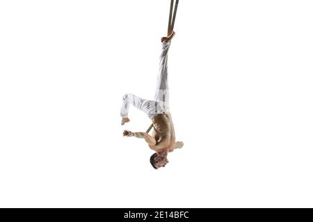 Free falling. Young male acrobat, circus athlete isolated on white ...