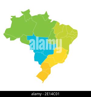 Colorful blank political map of Brazil. States divide by color into 5 ...