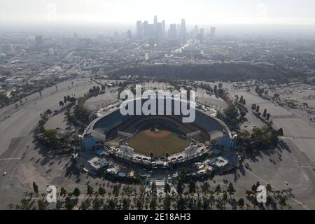 Los Angeles skyline and Dodgers baseball stadium, California, USA Stock ...