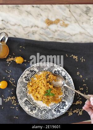 Italian lunch table setting top view Stock Photo - Alamy