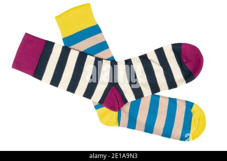 Pair socks with different lines isolated on white background. Colorful ...