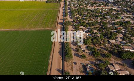Aerial view of plots, hectares of crops in the town of Marte R Gómez or ...