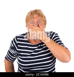 Scared blonde elder woman isolated over white background Stock Photo ...