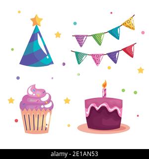 bundle of four party birthday set icons and lettering Stock Vector ...