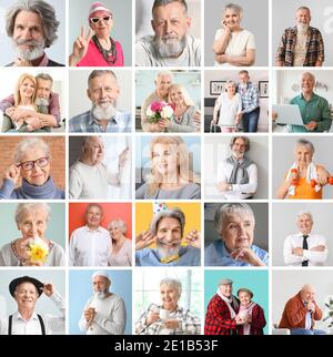 Collage of group of middle age and senior people using smartphone over ...