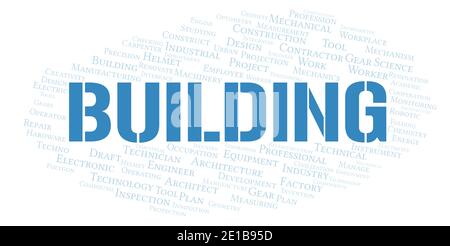 Building typography word cloud create with text only Stock Photo - Alamy