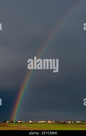 A beautiful rainbow over the trees against a gloomy sky Stock Photo - Alamy