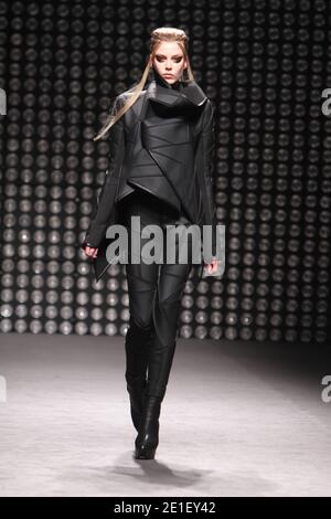 A model displays a creation designed by British Designer Gareth Pugh ...