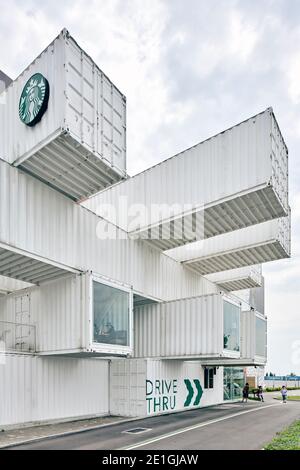 Exterior view of the first Starbucks cafe in Asia Pacific, constructed ...