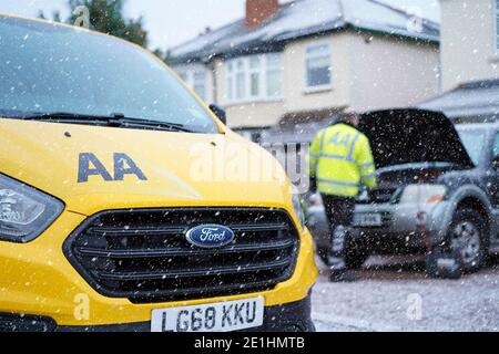 AA breakdown recovery vehicle attending a call-out for a car with a ...