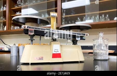 An old teaching science lab and classroom with lab coats, microscopes ...
