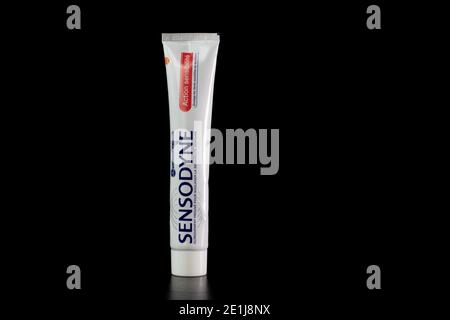 Sensodyne toothpaste tube on black background. Bucharest, Romania, 2021 ...