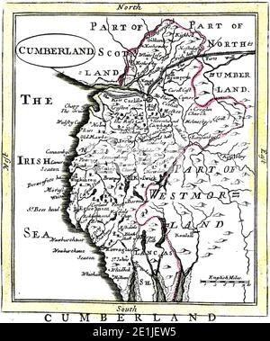 An old coloured map of Cumberland scanned at high resolution from a ...