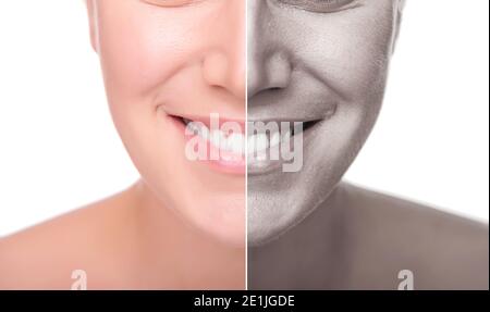 A woman's face is split in half for good and bad skin. Isolated on ...