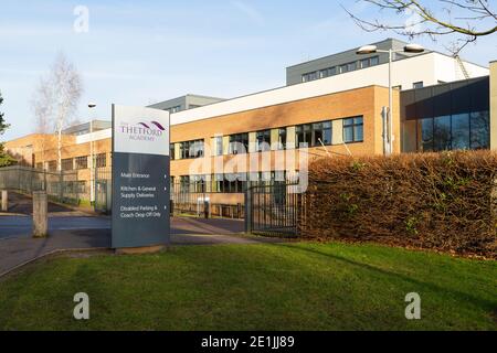 Main entrance to Thetford Academy coeducational secondary school and sixth form, at Croxton Road ...