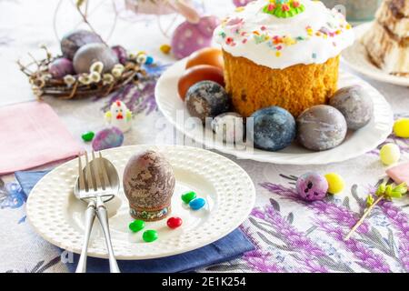 Festive table setting. Easter table with Easter orthodox cakes and ...