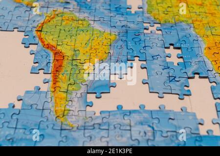 Puzzle of map of the South America. Touristic background Stock Photo ...
