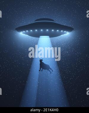 UFO, alien spaceship with tractor beam hovering in night sky ...