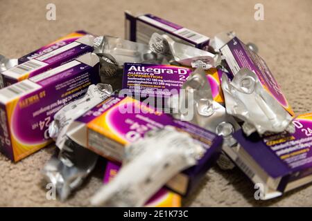 Seattle, USA. 27th Dec, 2020. A pile of Allegra D 24 HR empty boxes on ...