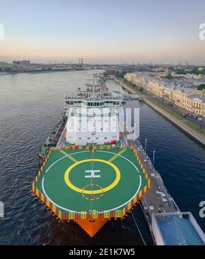 Ship with a helipad in the river port of St. Petersburg Stock Photo - Alamy
