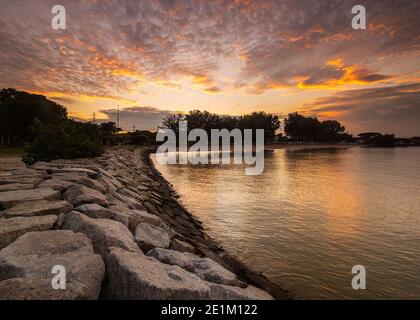 Sunrise moment at Tanjong Gemok Beach at Port Dickson, Negeri Sembilan ...