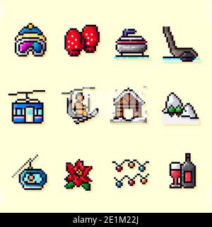 winter themed pixel art icon set Stock Photo - Alamy