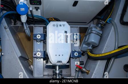 Looking down into the engine bay of a narrowboat fitted with a Vetus E ...