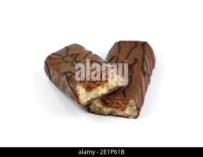Chocolate covered marzipan bars isolated on a white background with ...