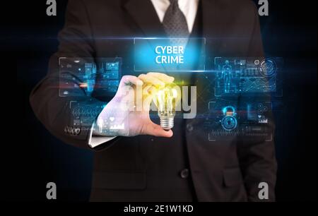 Businessman holding lightbulb with CYBER CRIME inscription, online ...