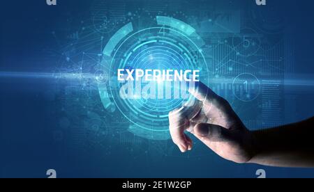 Hand touching EXPERIENCE button, modern business technology concept ...
