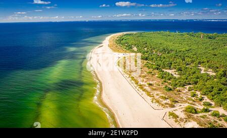 Aerial view of Hel Peninsula in Poland, Baltic Sea and Puck Bay (Zatoka ...