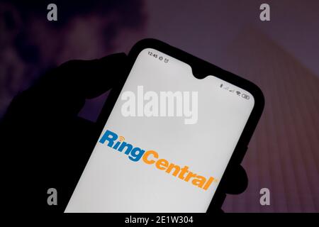 In this photo illustration a RingCentral logo is seen on a smartphone ...