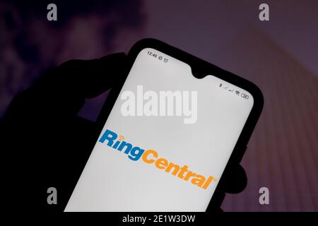 In this photo illustration the RingCentral logo seen displayed on a ...