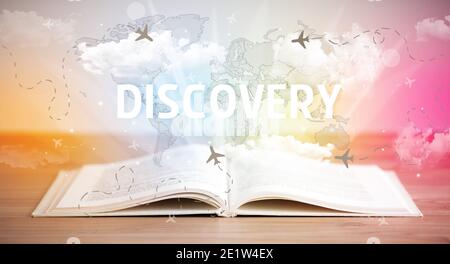 Open book with DISCOVERY inscription, vacation concept Stock Photo - Alamy