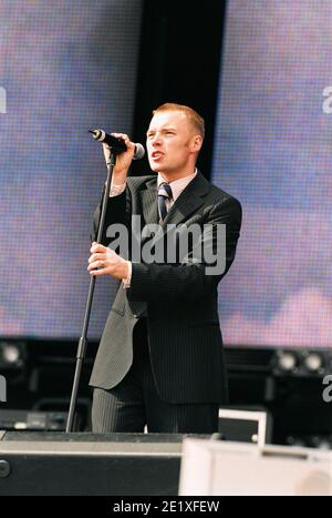 Ronan Keating on stage at The Safeway Picnic In The Park 2002, held in ...