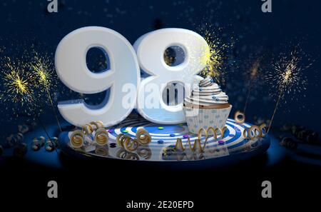 Number 98 blue celebration candle and gold confetti on dark wooden ...