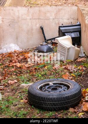 Old CRT computer and TV monitors smashed to pieces in dark corner of ...