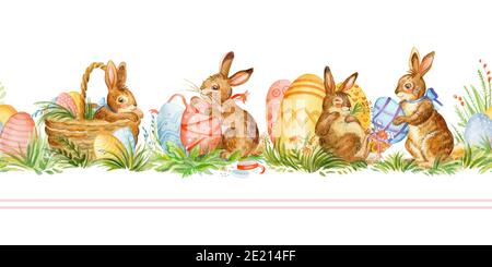 Easter seamless pattern. Spring, rabbits, trees, flowers, birds and ...