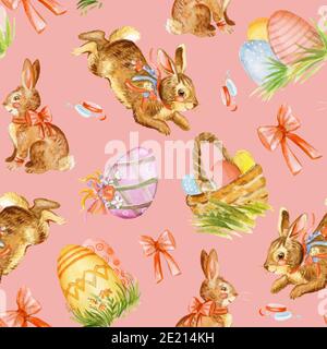 Easter pattern. Watercolor seamless pattern with rabbits, eggs, crocus ...