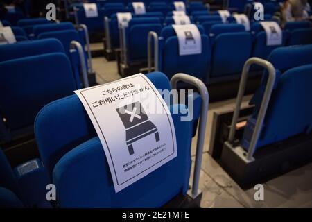 'X' marks for social distancing are seen inside the bus in the morning ...