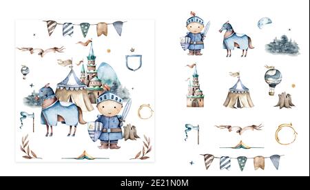 Cute Princess and knight princess. Hand drawn watercolor isolated ...