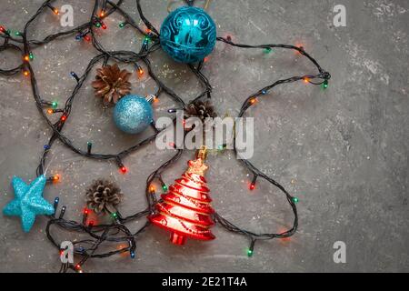 Multicolored garland lights on black background. New year or Christmas ...